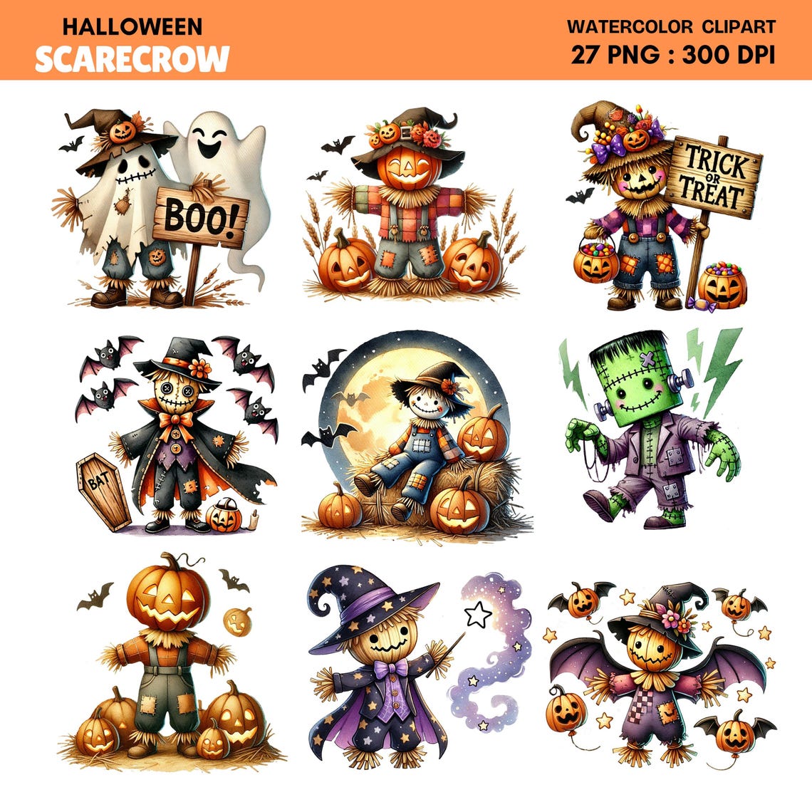 Halloween Scarecrow Clipart Set | 27 Watercolor Pngs of Cute and Spooky ...