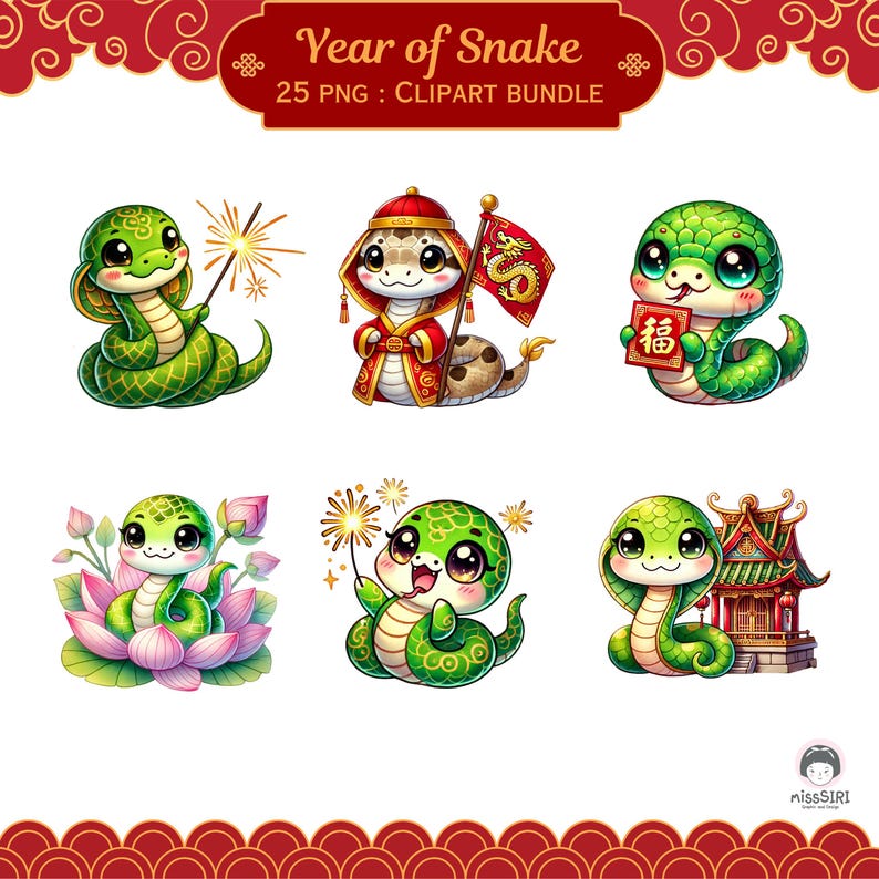 Year of the Snake Clipart Bundle - 25 PNG Kawaii Snake Illustrations ...
