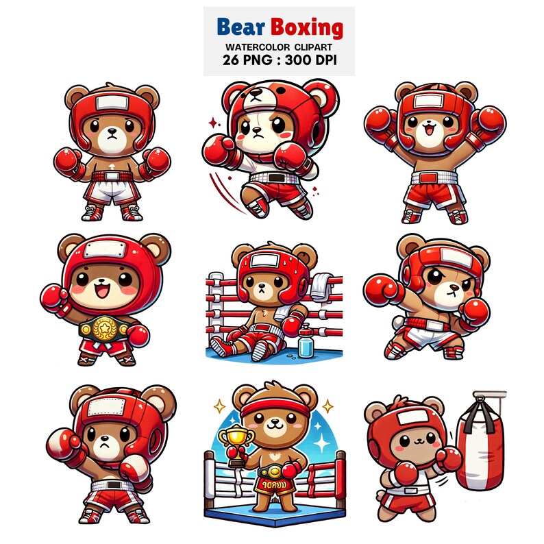 Bear Boxing Clipart Set | 26 Watercolor Pngs of Cute Boxing Bears in ...