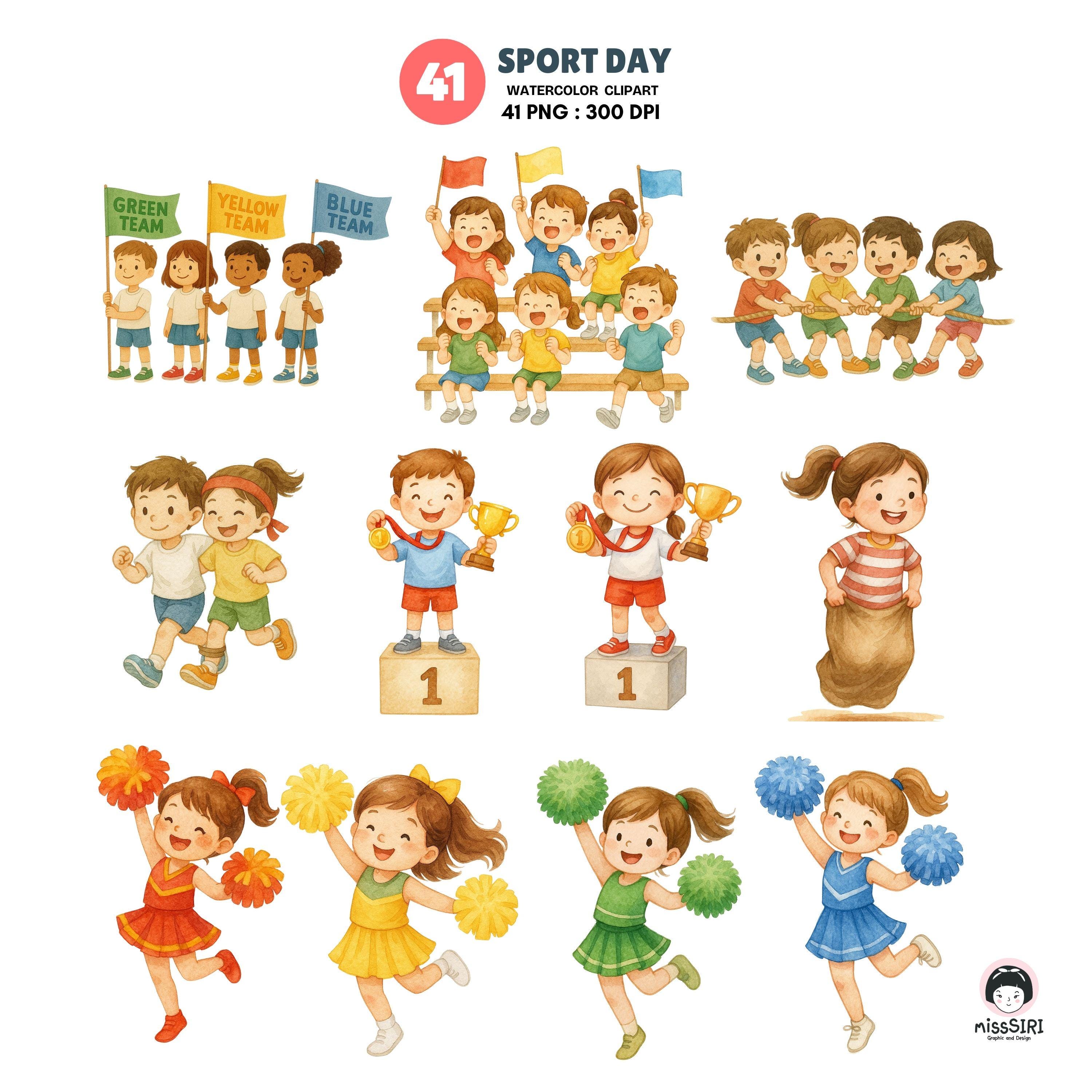 Sport Day Watercolor Clipart Bundle for Kids Games, School Event PNG ...