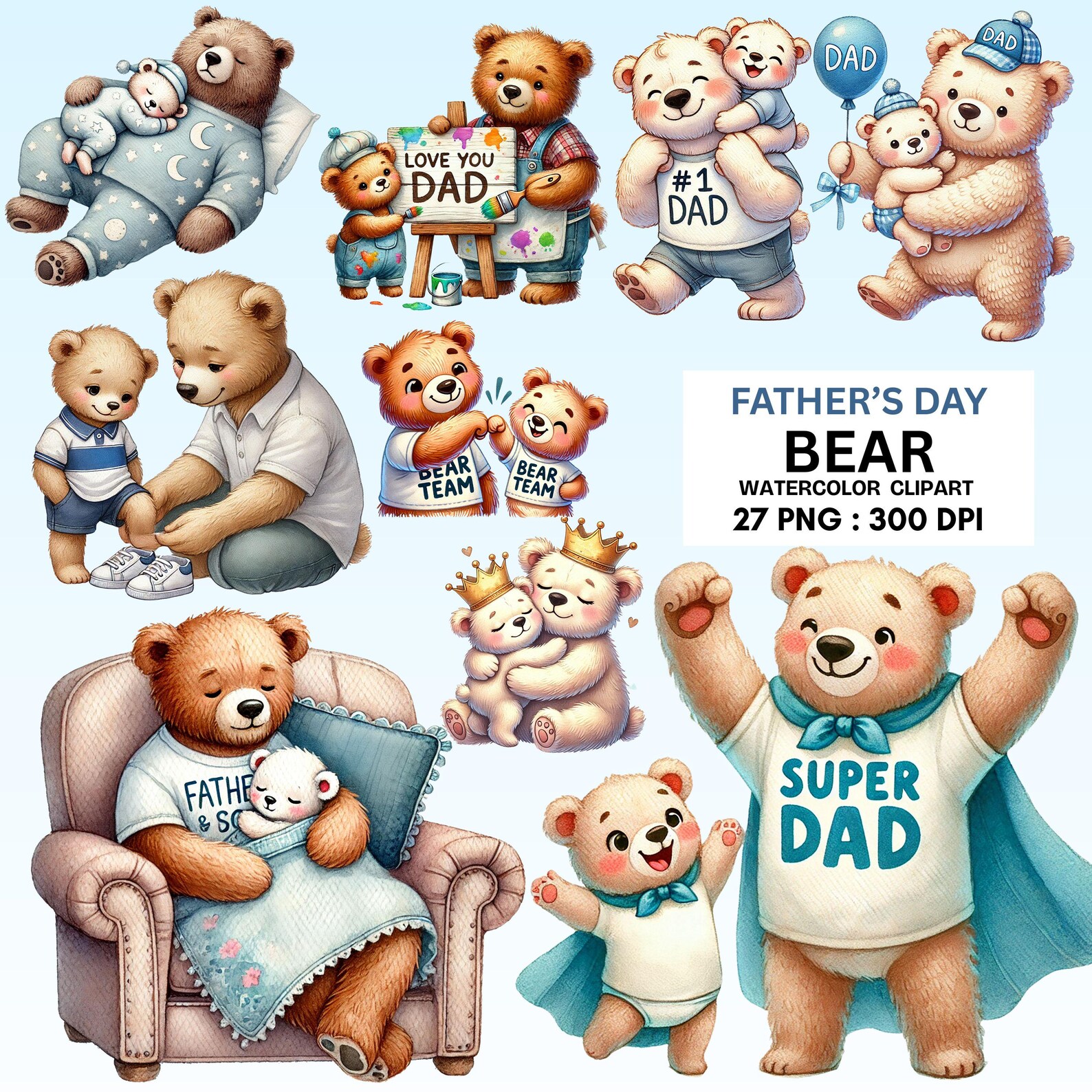 Father’s Day Bear Clipart Set | 27 Watercolor Pngs of Dad and Baby ...