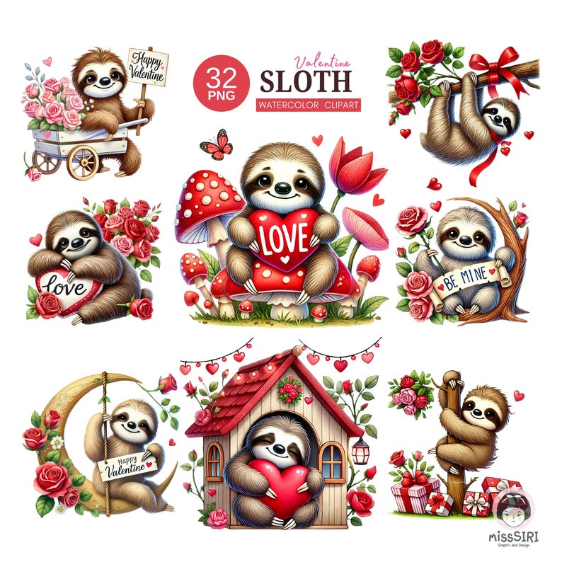 Valentine Sloth Clipart Bundle, 32 Watercolor PNG Files, Adorable ...