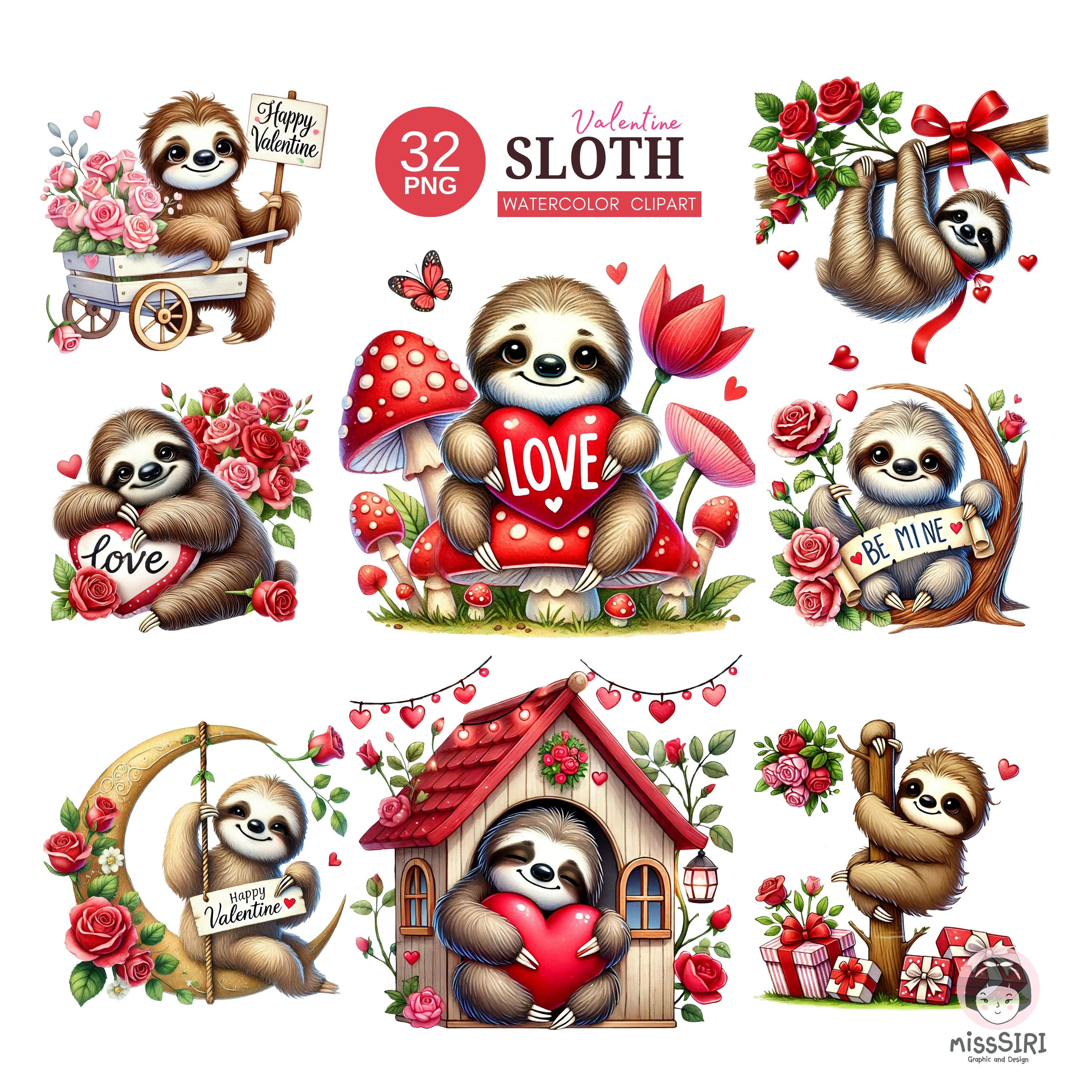 Valentine Sloth Clipart Bundle, 32 Watercolor PNG Files, Adorable ...