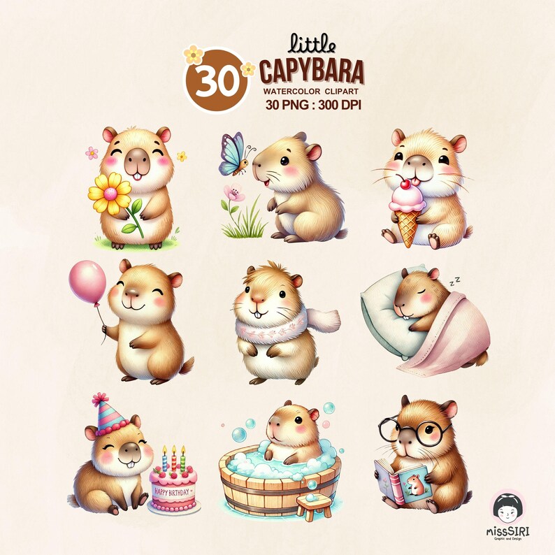 Little Capybara Watercolor Clipart Set – 30 PNG Images, 300 DPI Digital ...