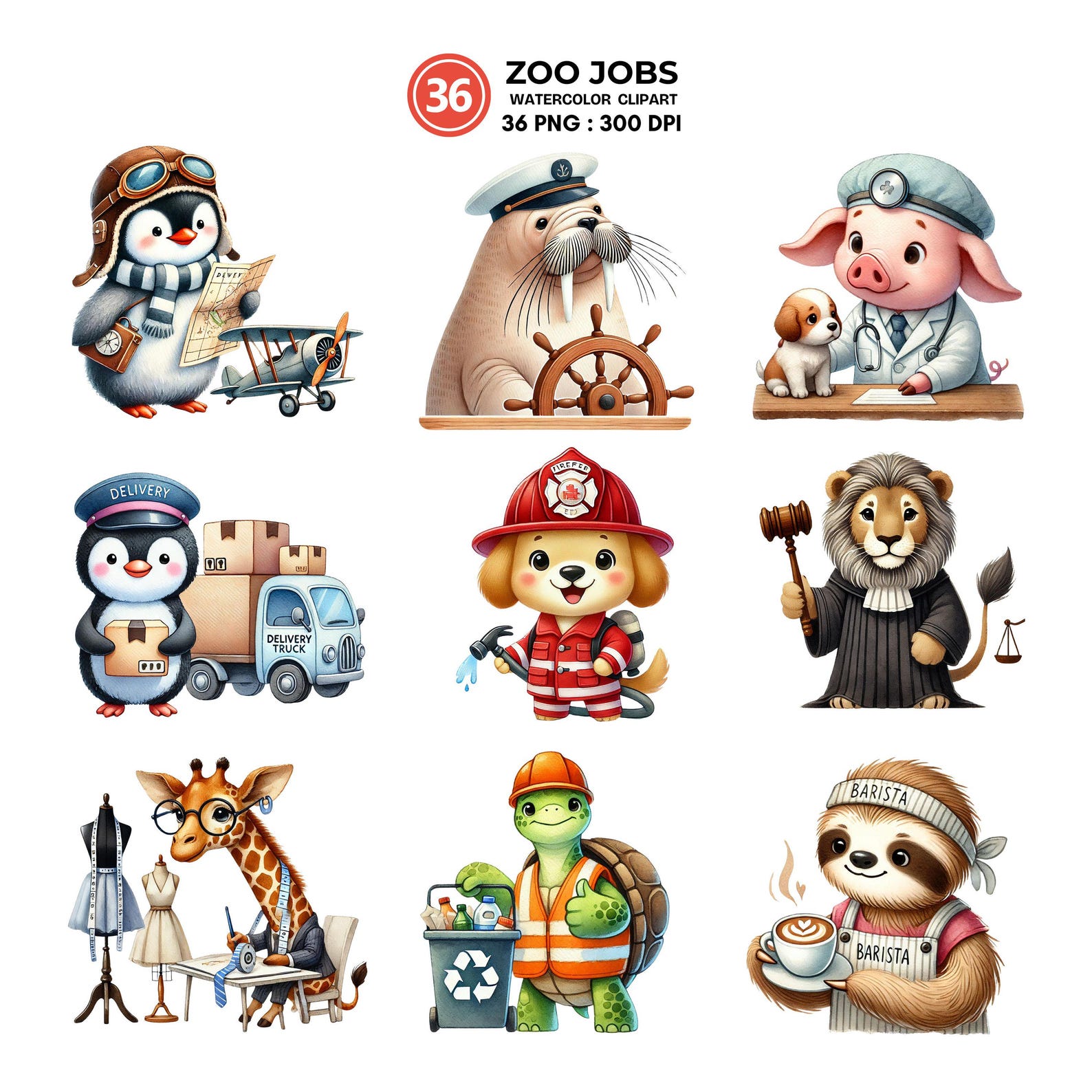 Zoo Jobs Clipart Set | 36 Watercolor Pngs of Cute Animals in ...