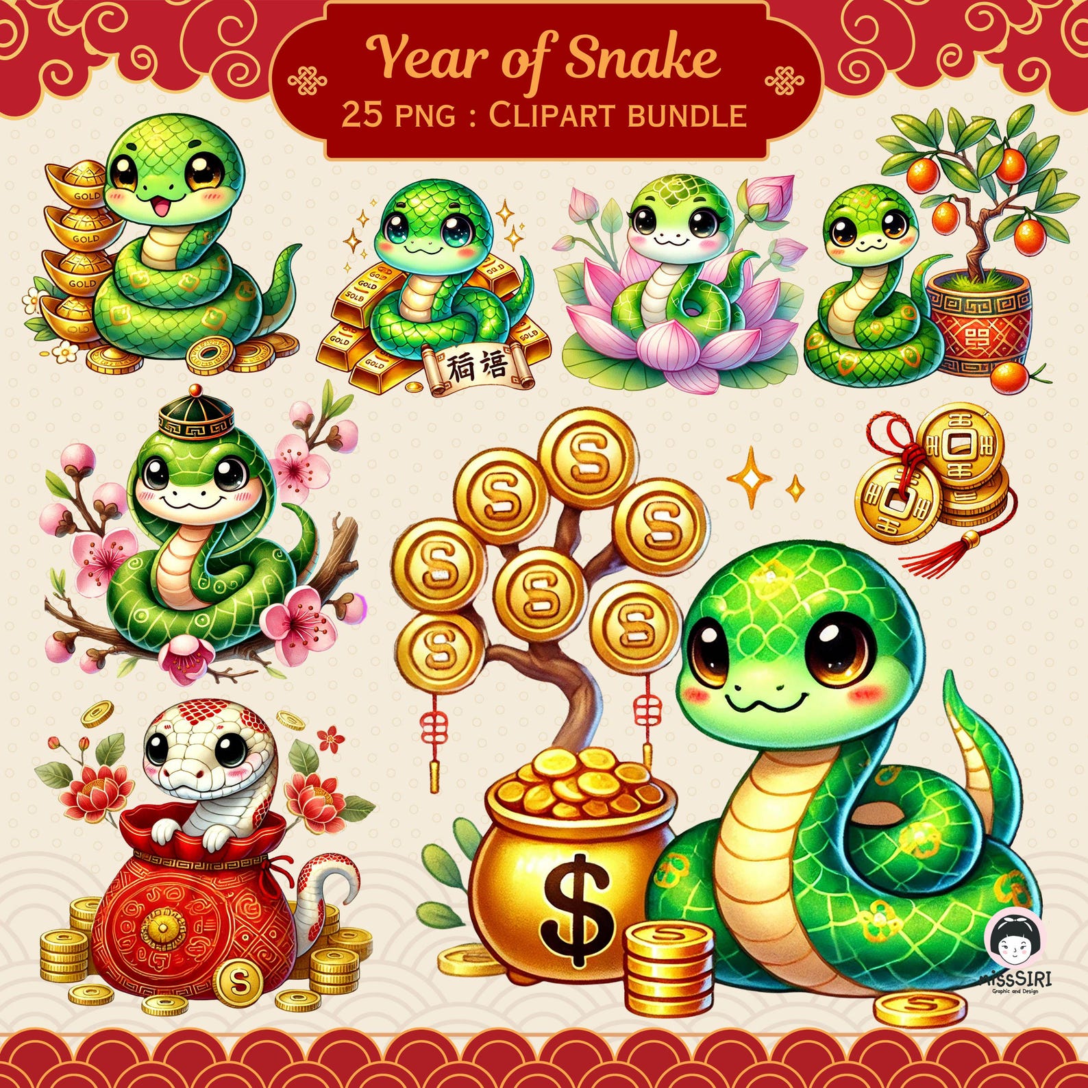 Year of the Snake Clipart Bundle - 25 PNG Kawaii Snake Illustrations ...