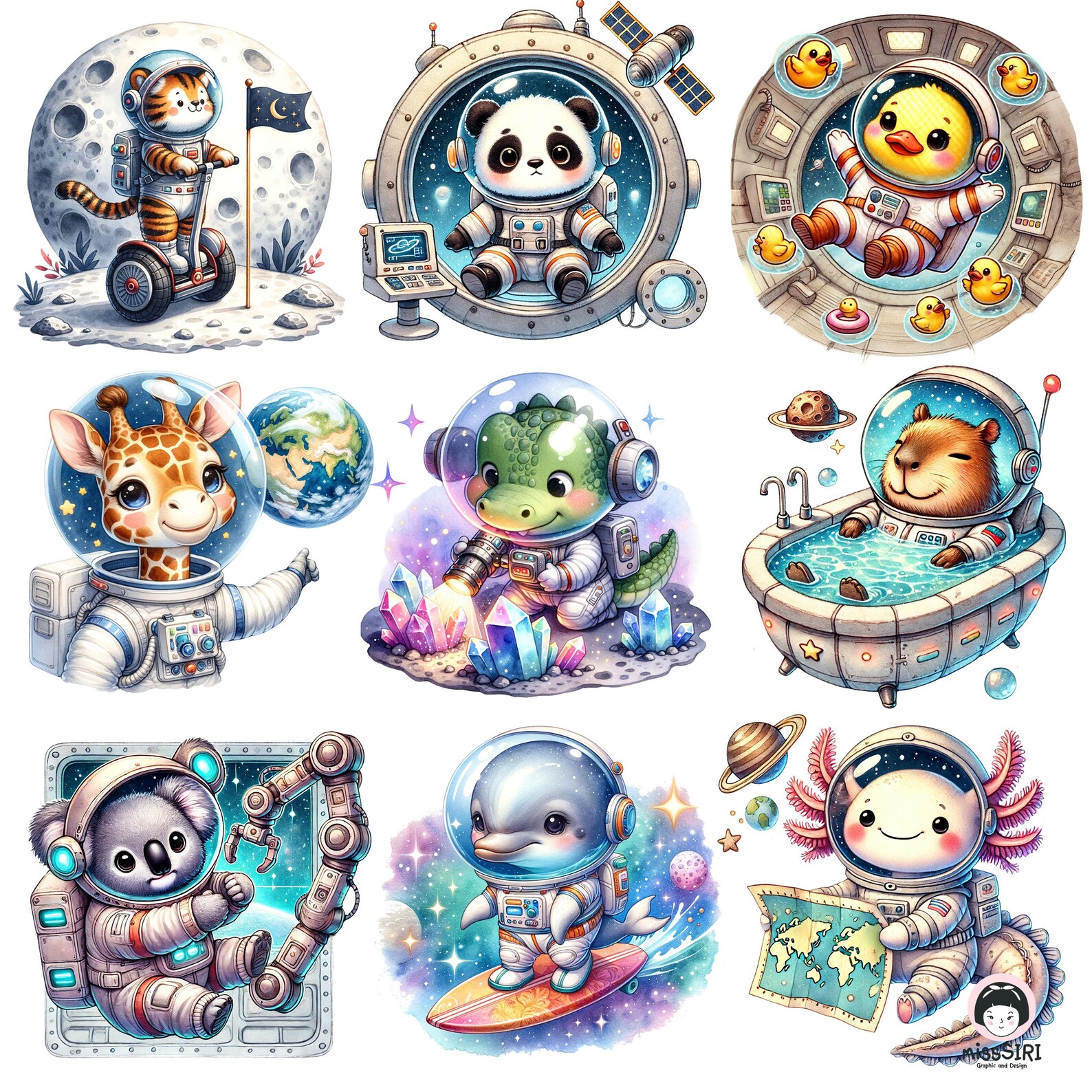 Cosmic Critters Watercolor Clipart – 36 PNG Adorable Space Animals With ...