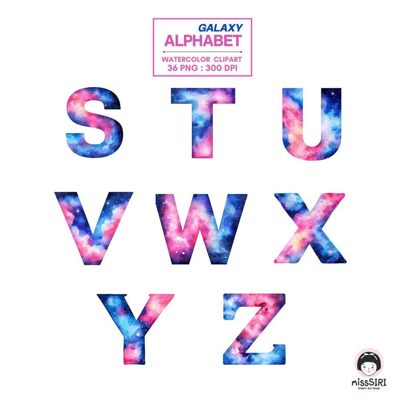 Galaxy Alphabet Watercolor Clipart, 36 PNG Letters and Numbers, Cosmic ...