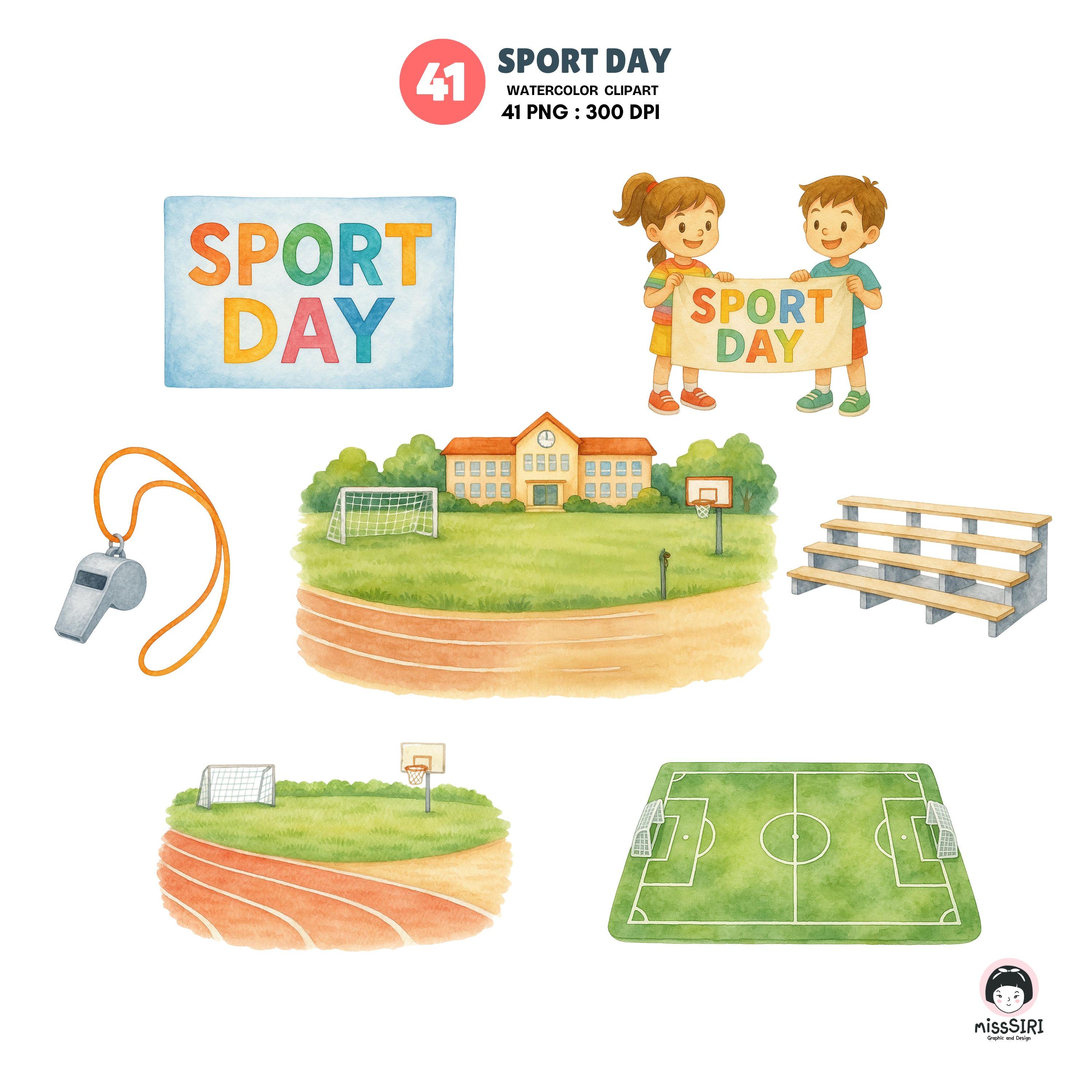 Sport Day Watercolor Clipart Bundle for Kids Games, School Event PNG ...