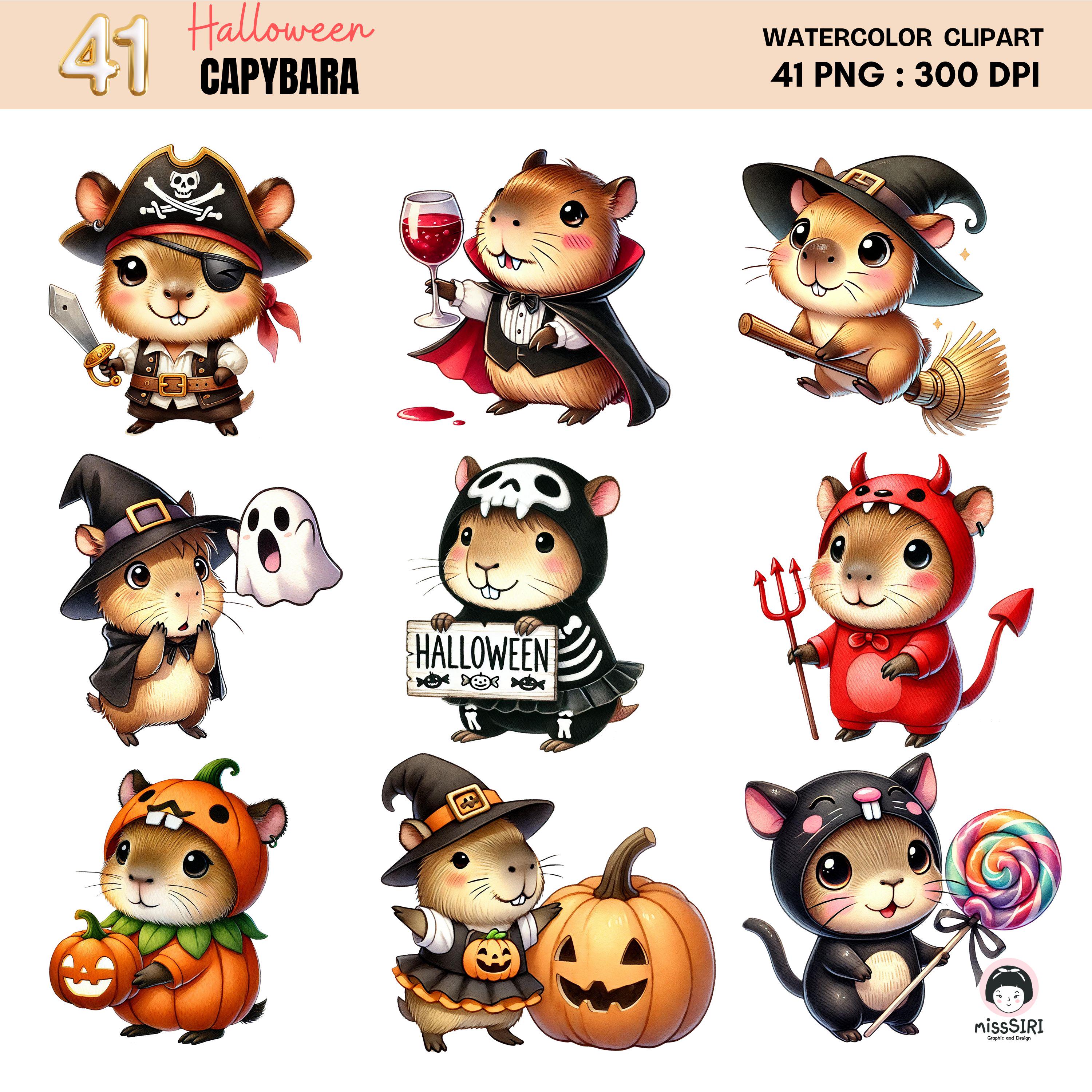 Halloween Capybara Clipart Bundle | 41 Cute Watercolor Pngs | Spooky ...