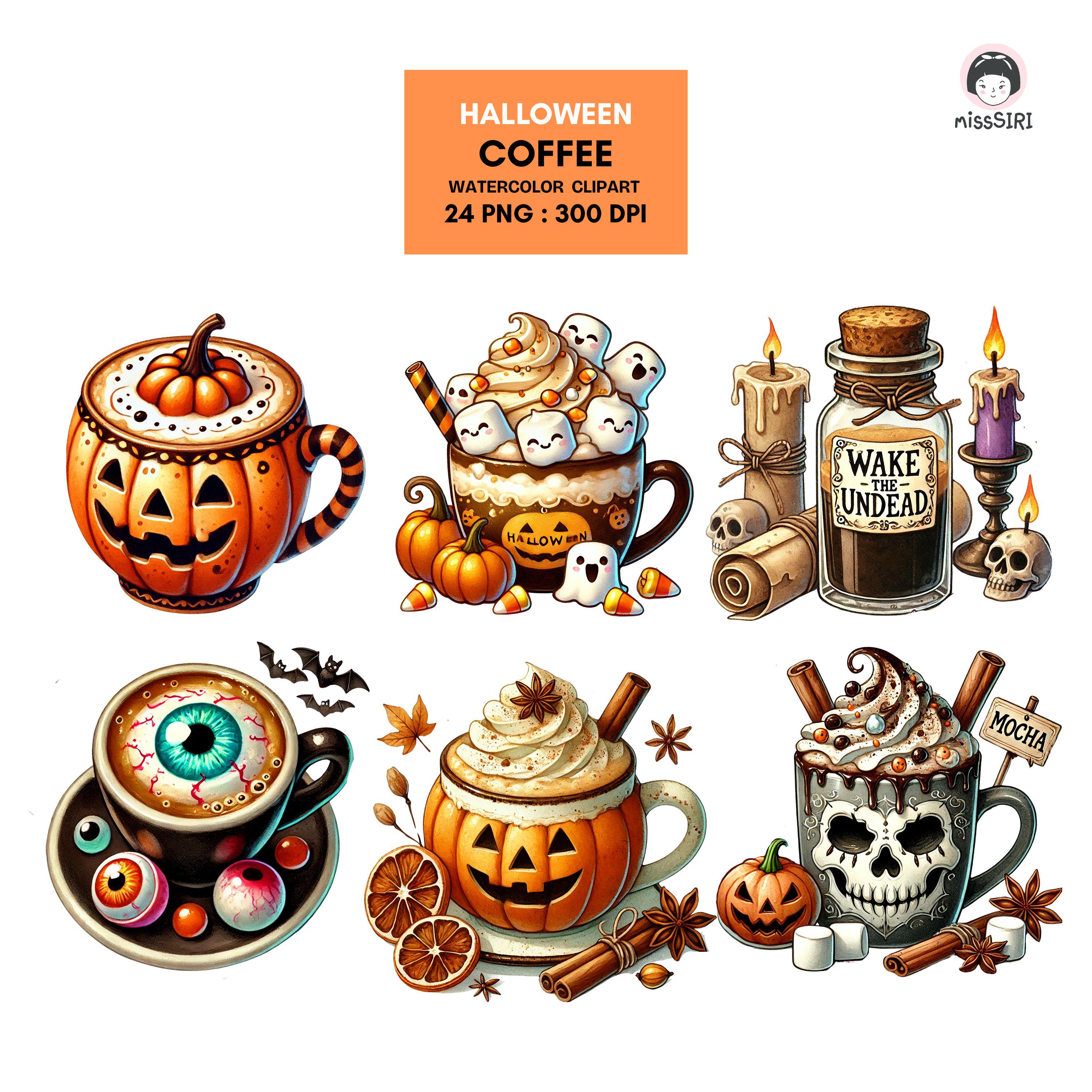 Halloween Coffee Clipart Bundle | 24 Watercolor Pngs With Spooky Lattes ...