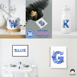 Blue Floral Alphabet Clipart Set, 36 PNG Letters and Numbers ...