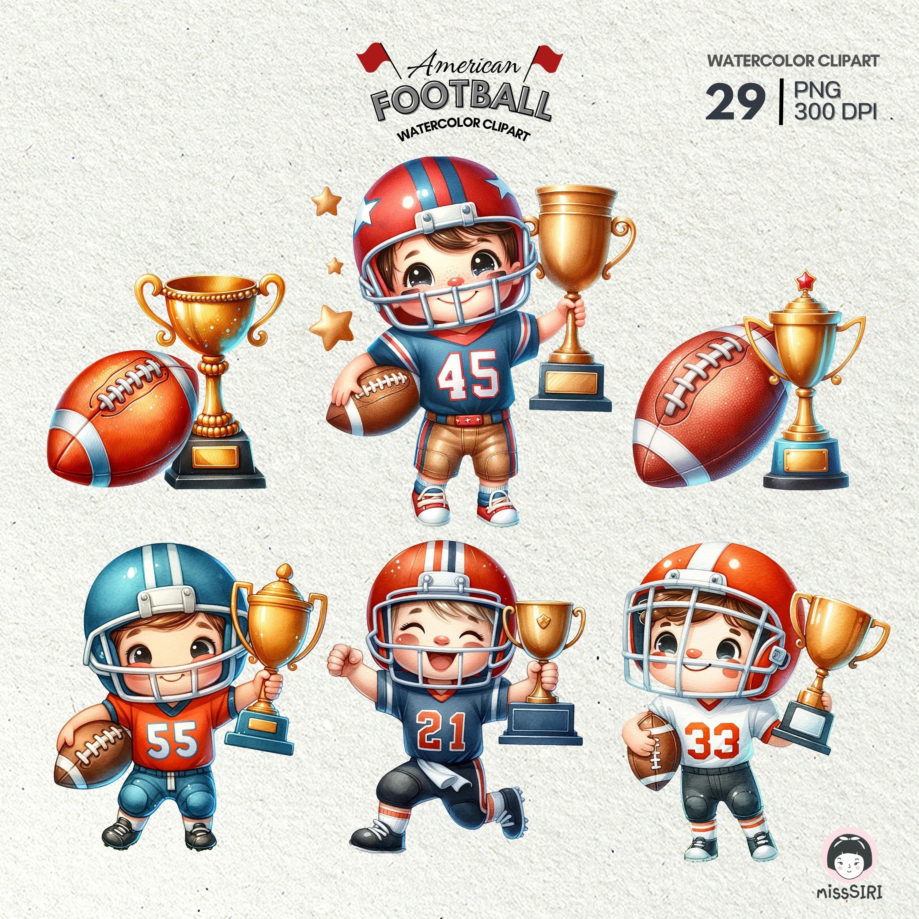 Watercolor American Football Kids Clipart. - Etsy
