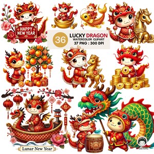 Lucky Dragon Lunar New Year Clipart | 37 Watercolor Pngs for Chinese ...