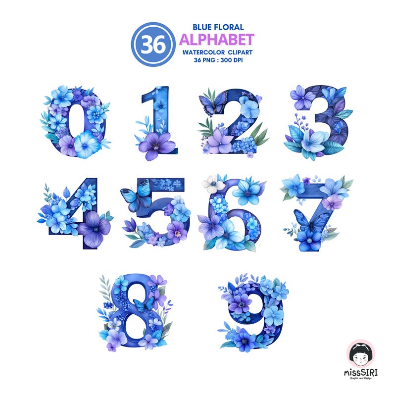 Blue Floral Alphabet Clipart Set, 36 PNG Letters and Numbers ...