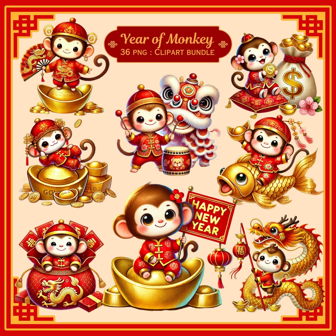 Year of the Monkey Clipart Bundle Chinese New Year PNG Cute Monkey ...