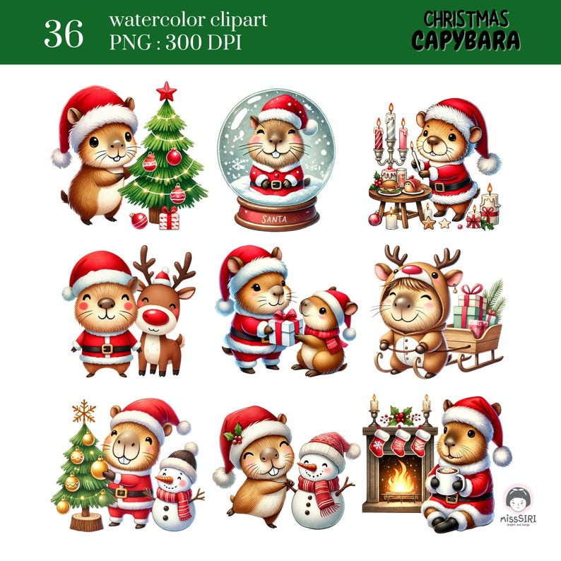 Christmas Capybara Watercolor Clipart Bundle, Cute Capybara Holiday PNG ...