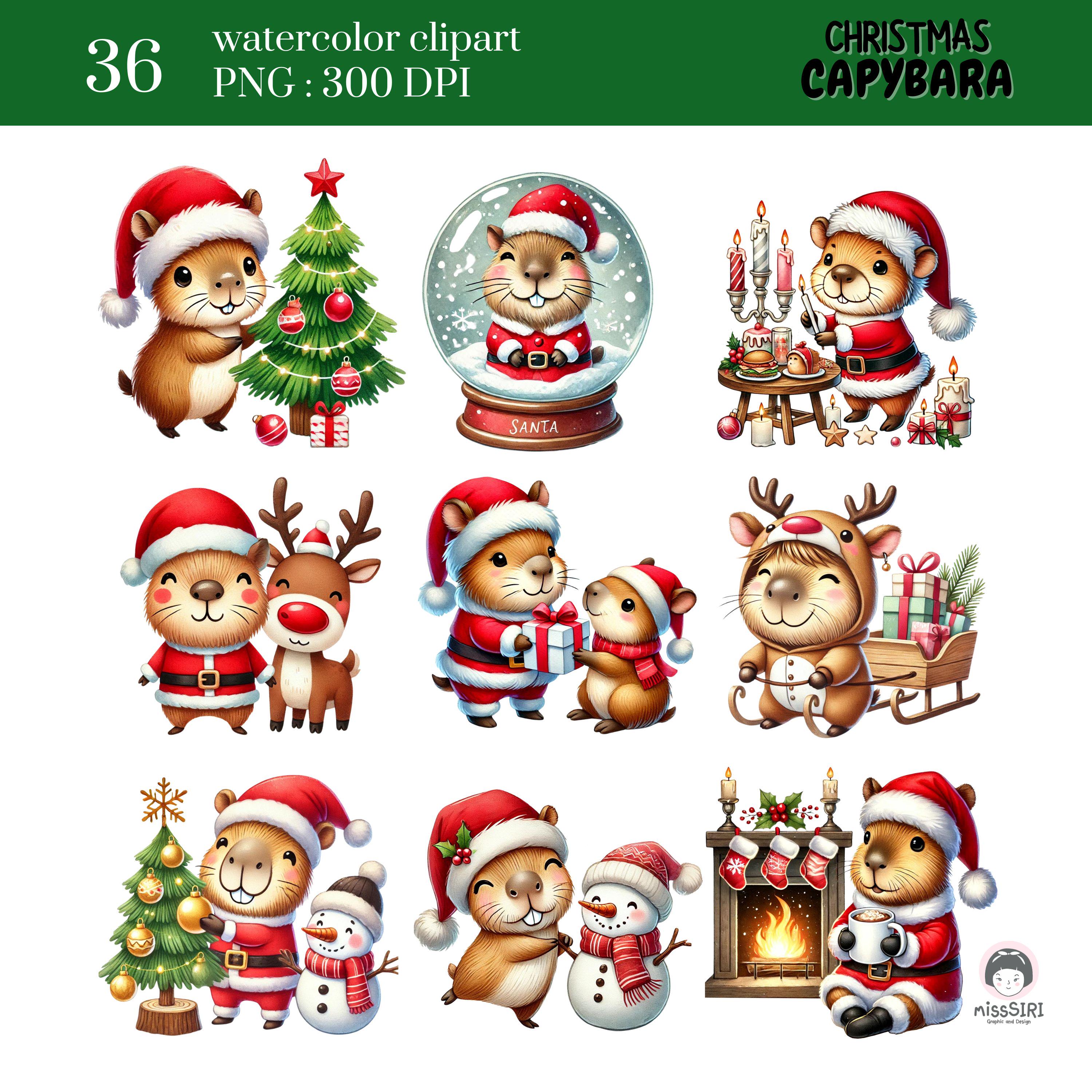 Christmas Capybara Watercolor Clipart Bundle, Cute Capybara Holiday PNG ...