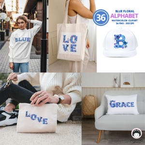 Blue Floral Alphabet Clipart Set, 36 PNG Letters and Numbers ...