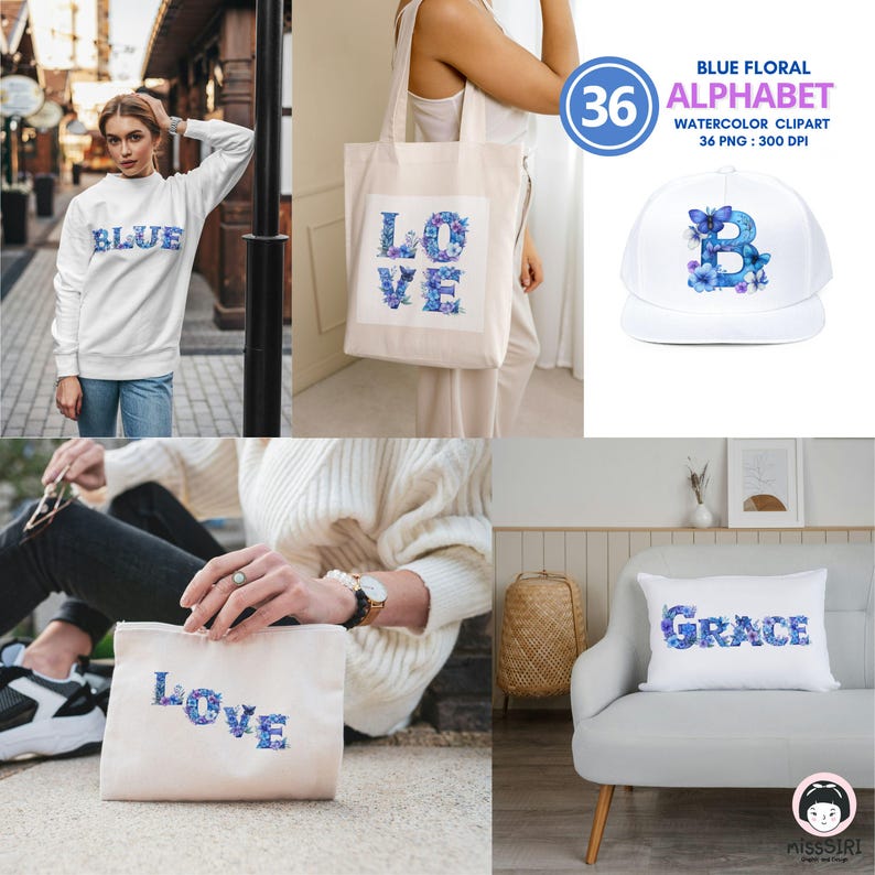 Blue Floral Alphabet Clipart Set, 36 PNG Letters and Numbers ...