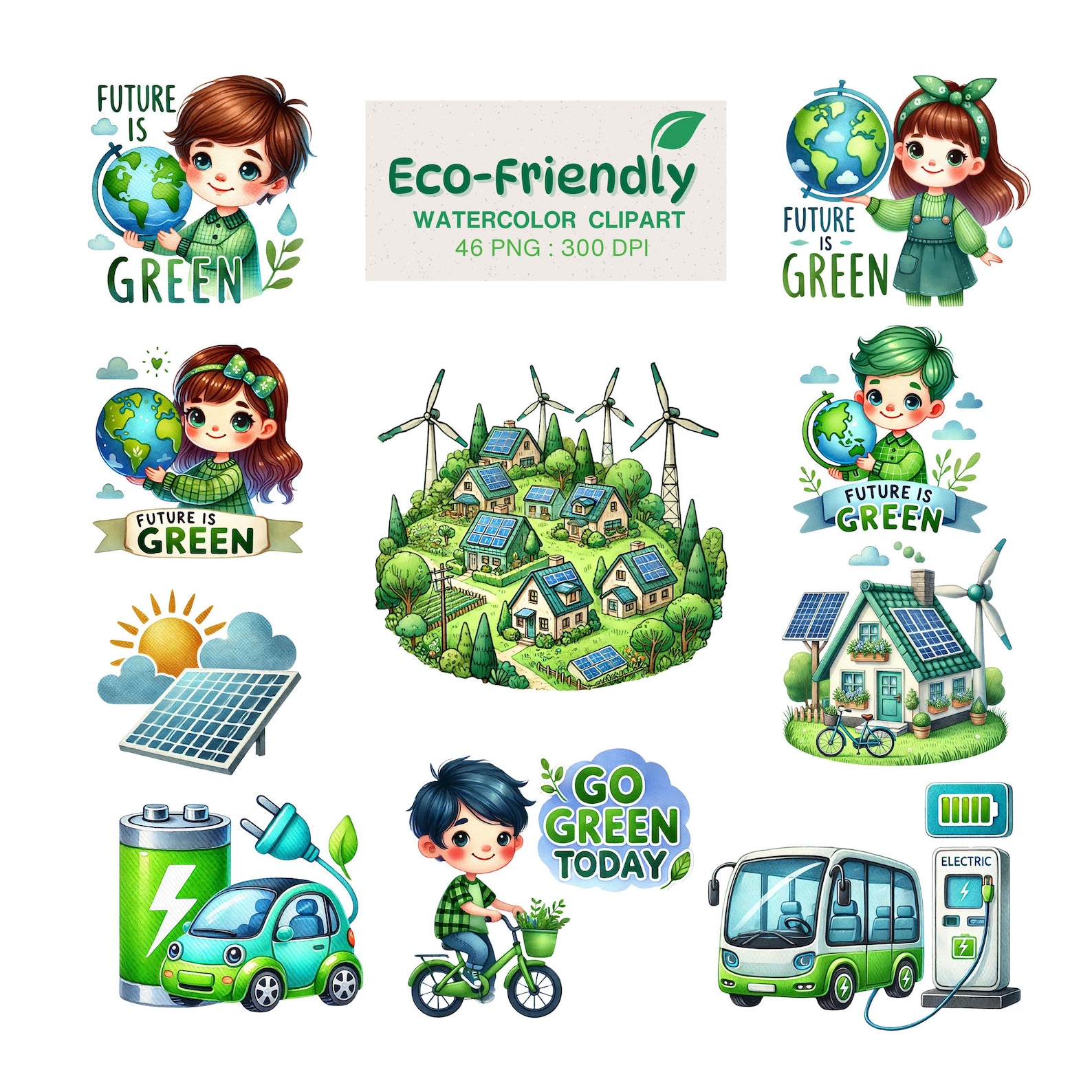 Eco-friendly Watercolor Clipart Set - 46 PNG Files, Go Green Recycling ...