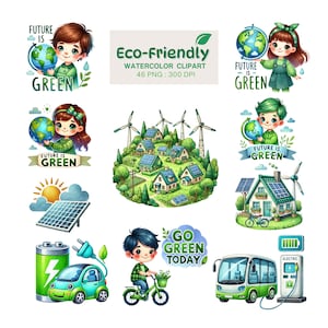 Eco-friendly Watercolor Clipart Set - 46 PNG Files, Go Green Recycling ...