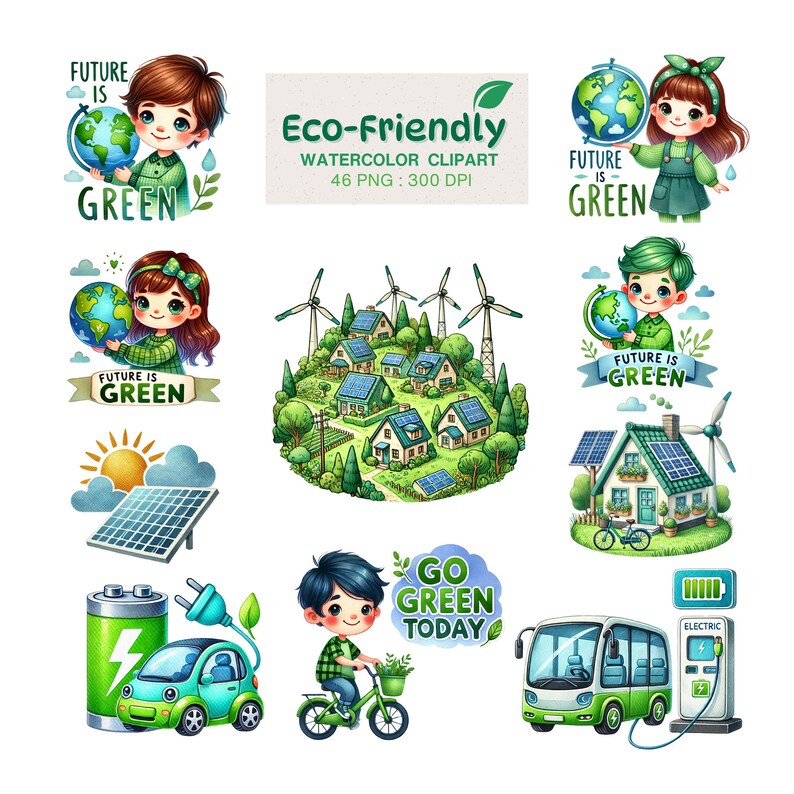 Eco-friendly Watercolor Clipart Set - 46 PNG Files, Go Green Recycling ...