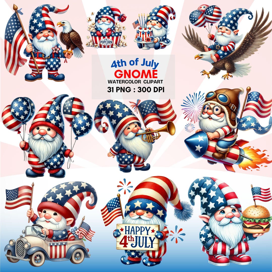 4th of July Gnome Clipart Set | 31 Watercolor Pngs of Patriotic Gnomes ...