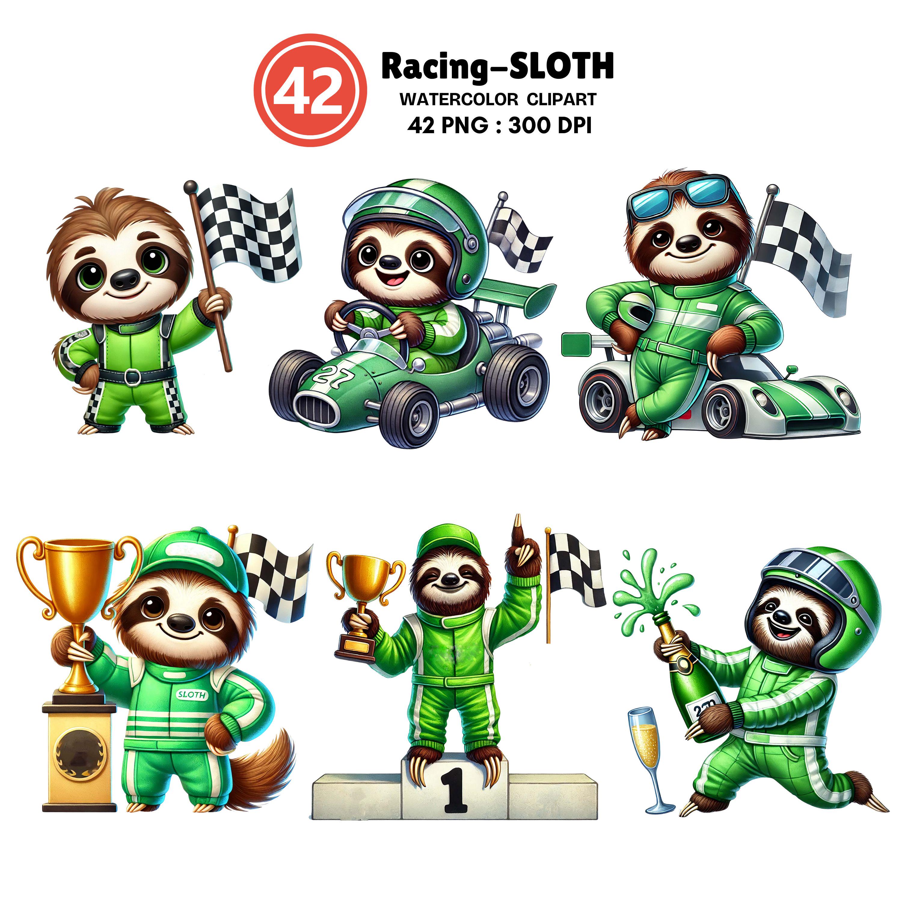 Racing Sloth Watercolor Clipart Bundle – 42 Cute Pngs of Cartoon Sloths ...