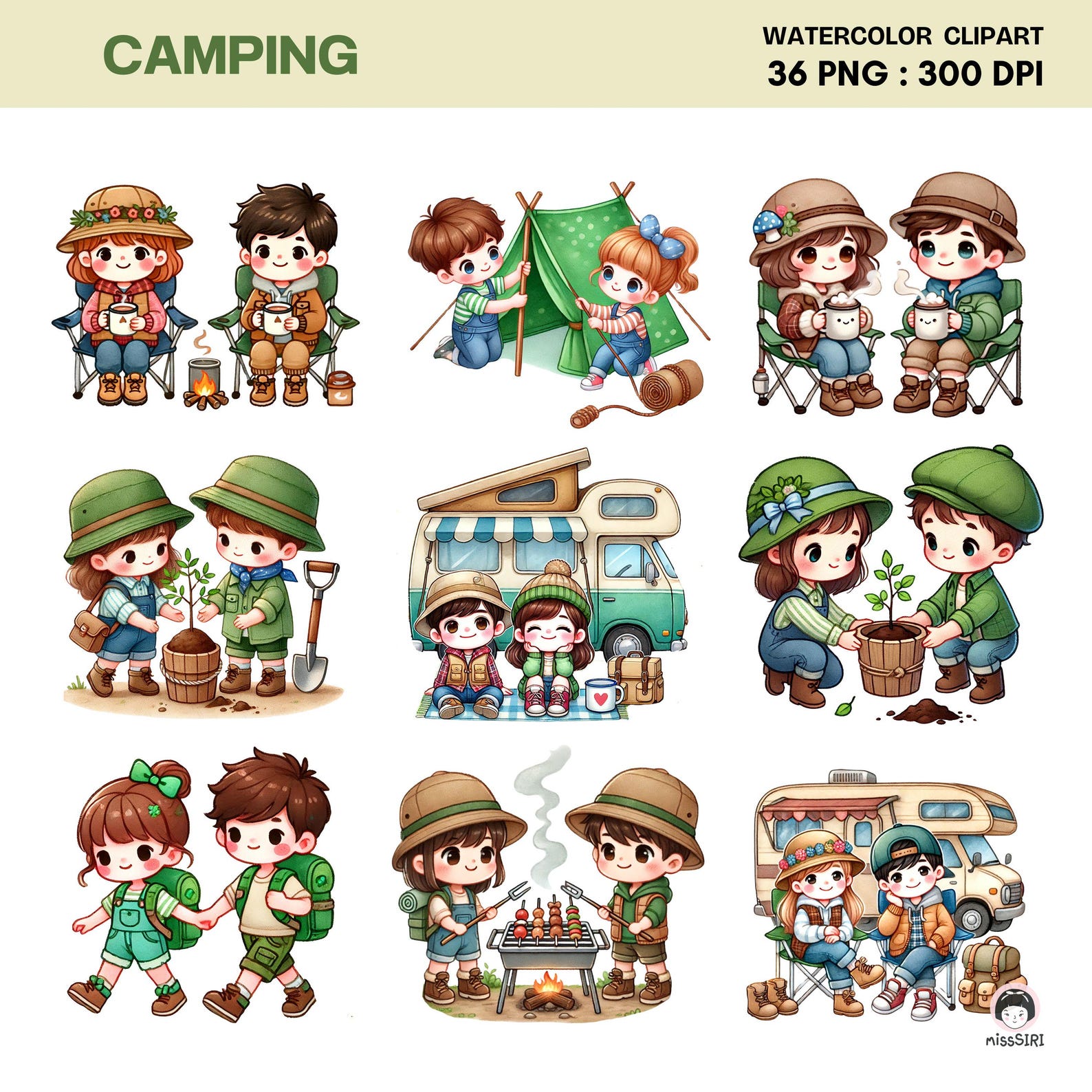 Camping Kids Clipart Bundle | 36 Watercolor Pngs With Hiking Boys Girls ...