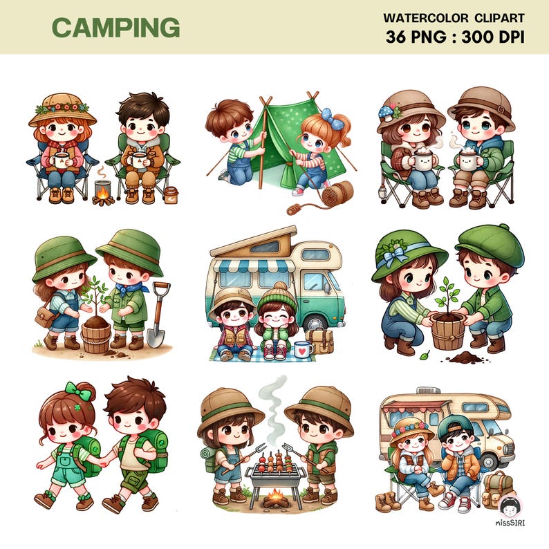 Camping Kids Clipart Bundle | 36 Watercolor Pngs With Hiking Boys Girls ...