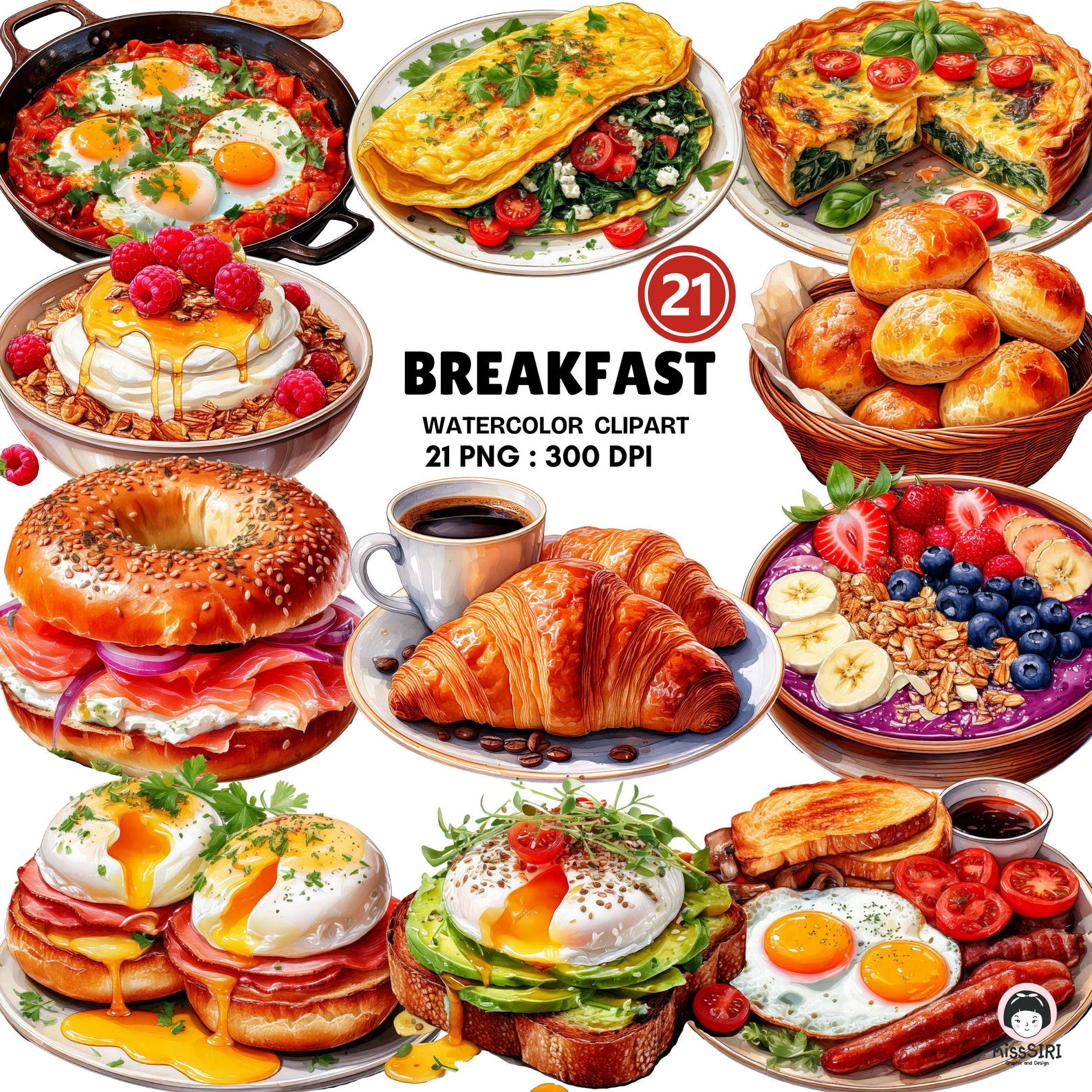 Breakfast Watercolor Clipart – 21 PNG Delicious Morning Dishes With ...