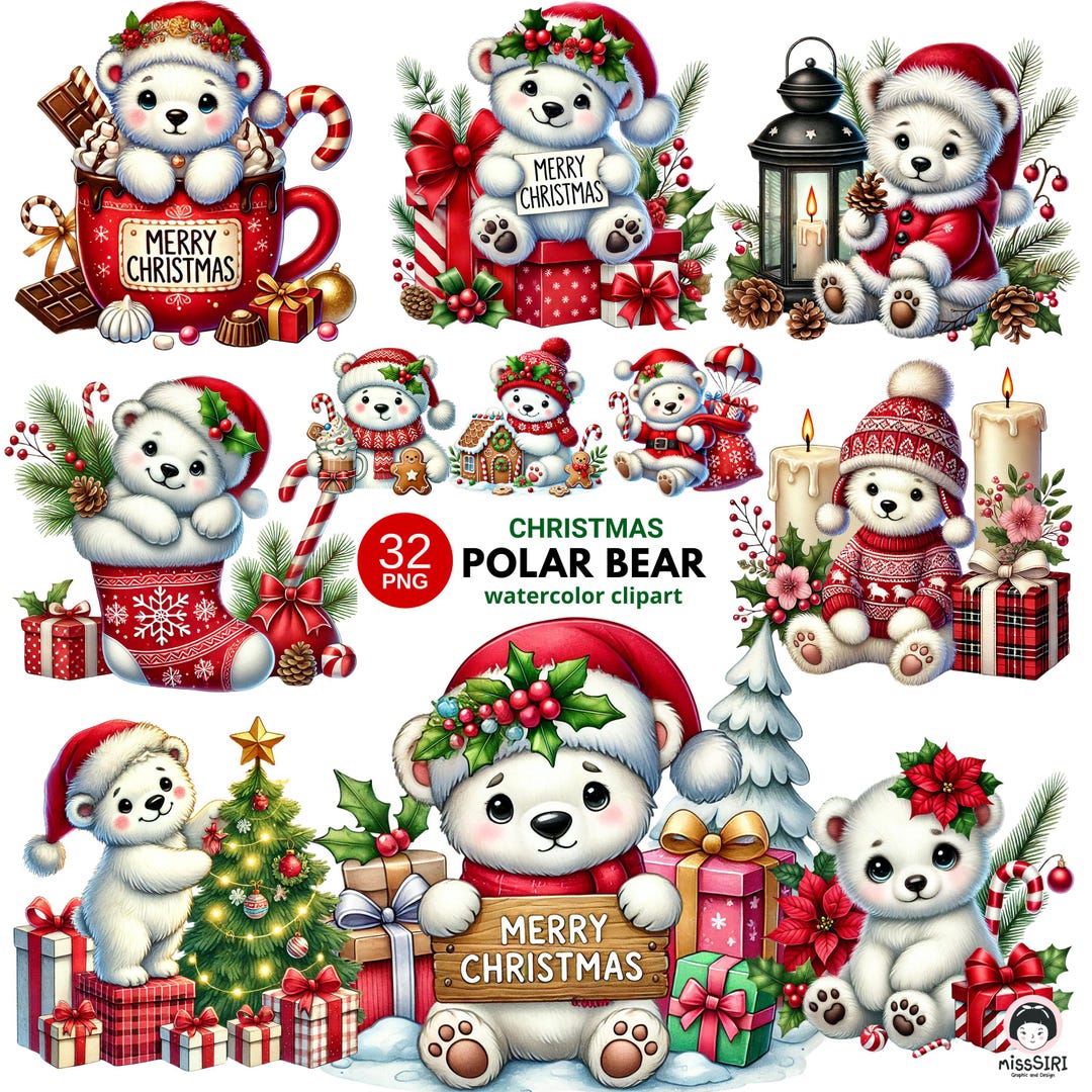 Christmas Polar Bear Clipart Set | 32 Cute Watercolor Pngs With ...