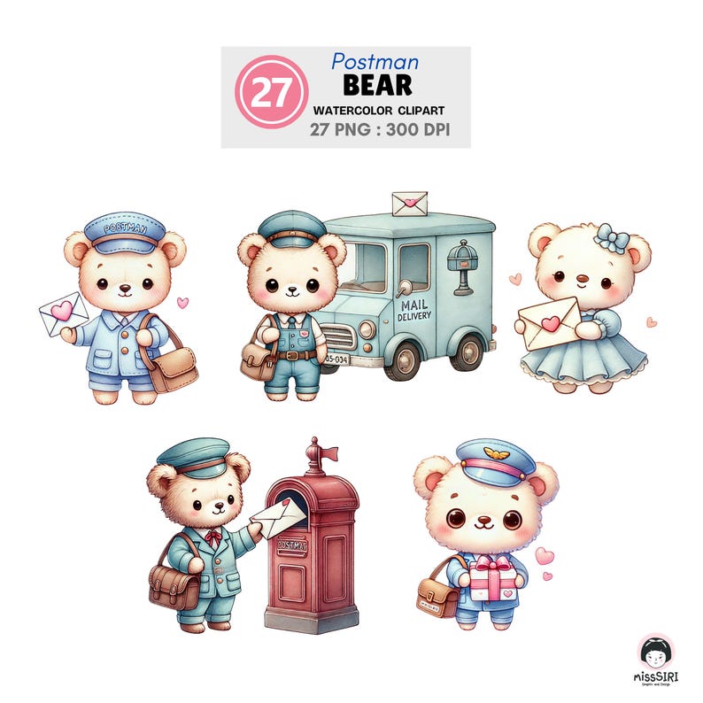Valentine Postman Bear Clipart Set | 27 Watercolor Pngs for Love ...