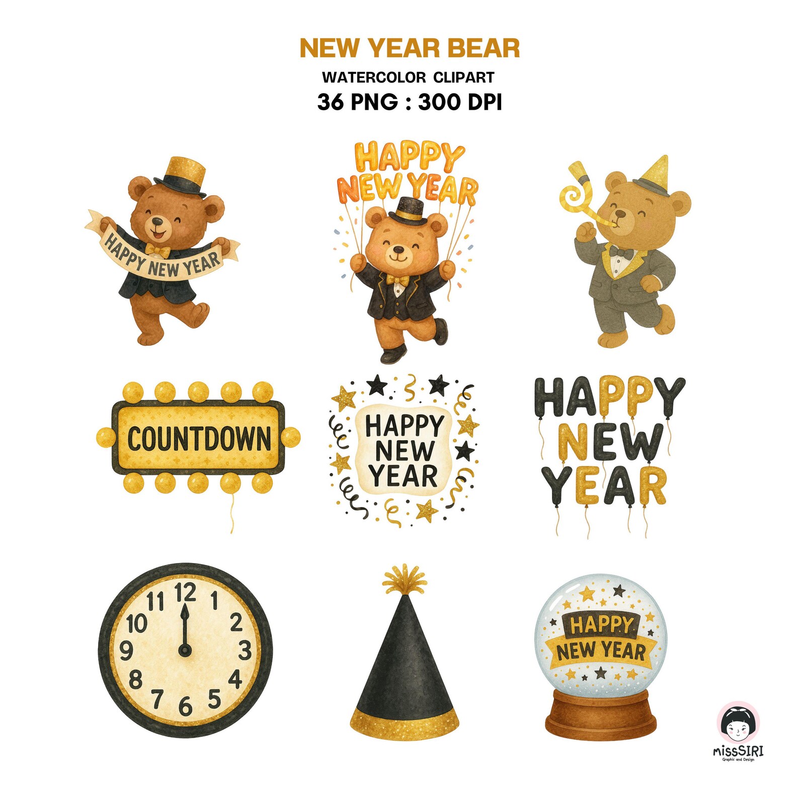 Happy New Year Bear Watercolor Clipart Set - Etsy