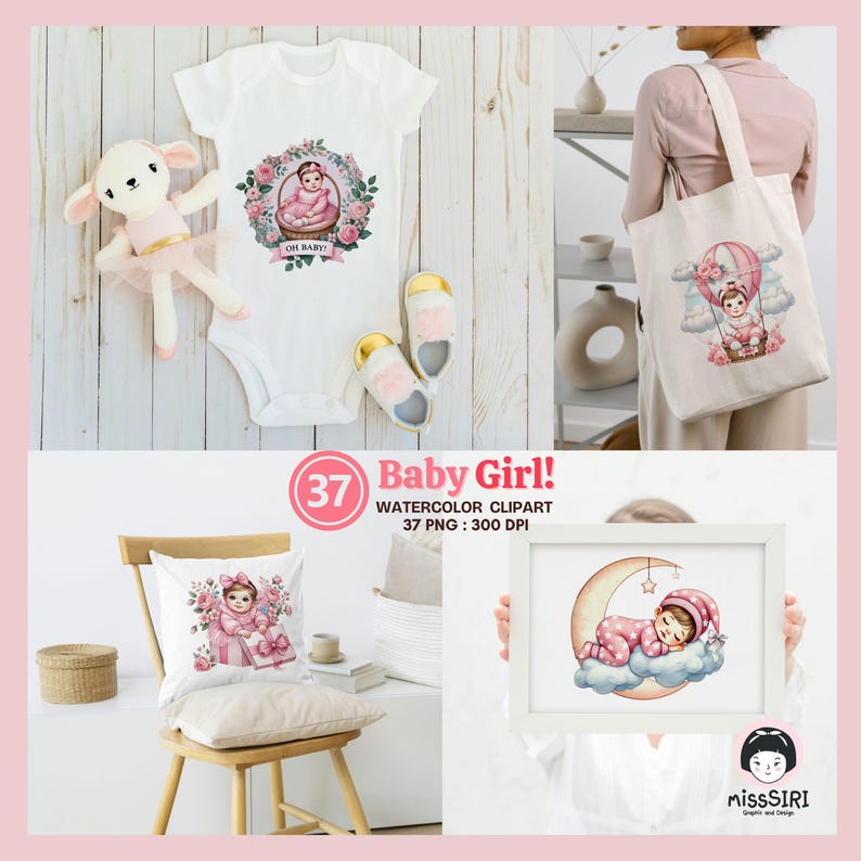 Baby Girl Watercolor Clipart Set - 37 PNG Baby Shower Graphics - Pink ...