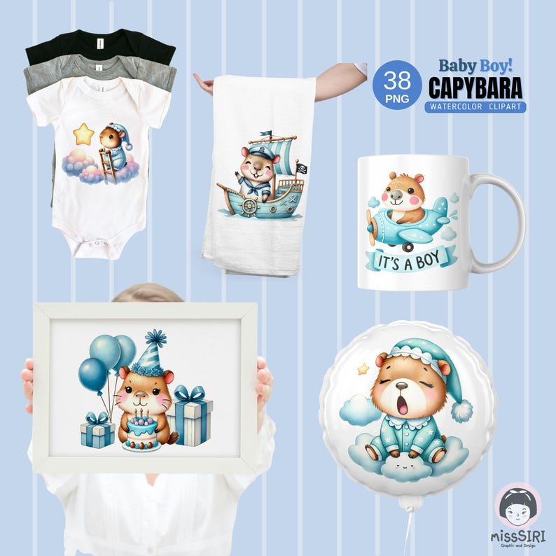 Baby Boy Capybara Watercolor Clipart Set – 38 PNG Files for Baby Shower ...