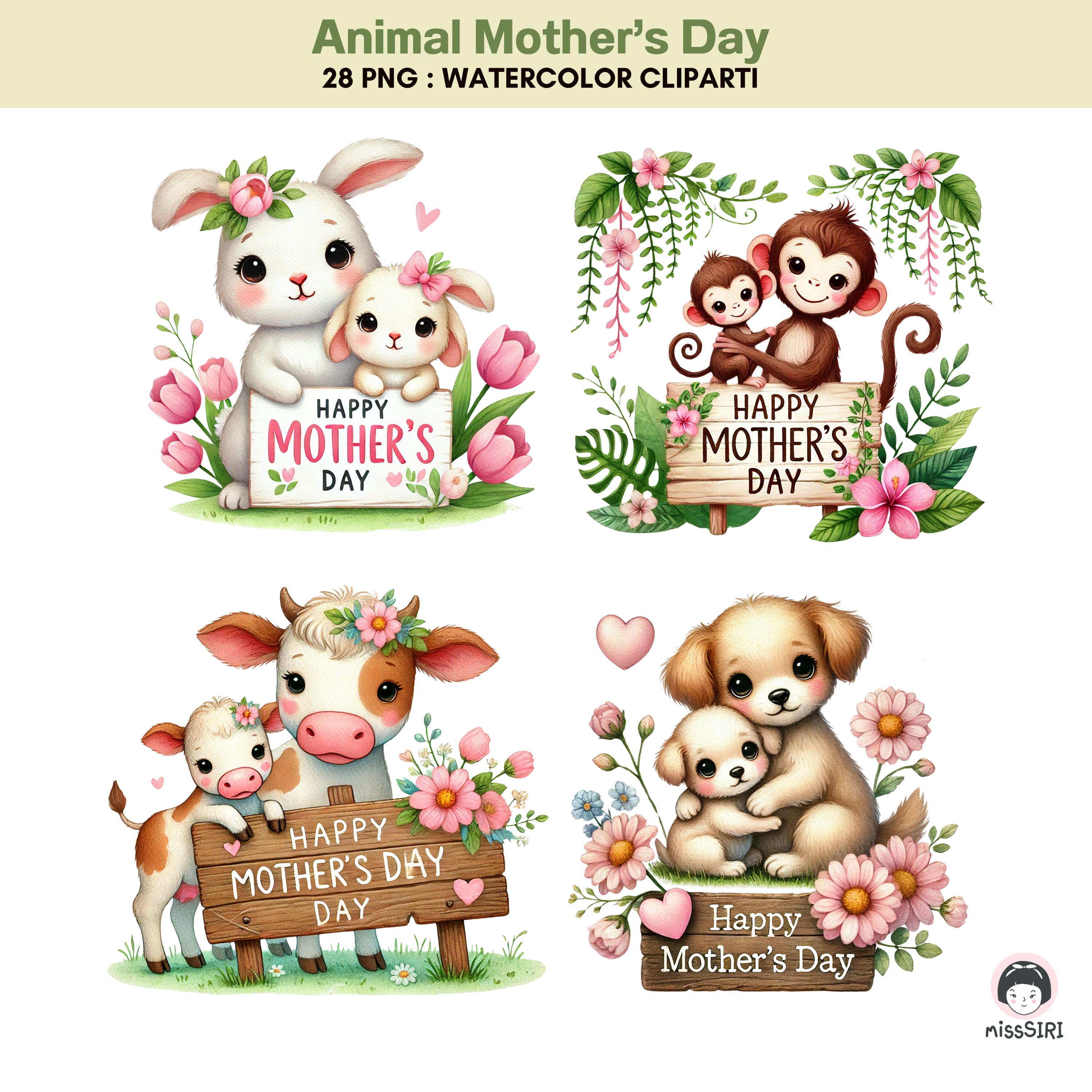 Animal Mother’s Day Clipart Set | 26 Watercolor Pngs of Cute Mom and ...