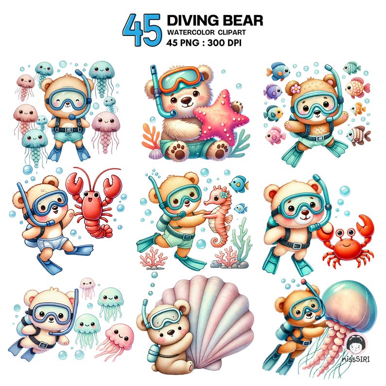 Diving Bear Clipart Bundle – 45 Underwater Adventure Watercolor Pngs ...