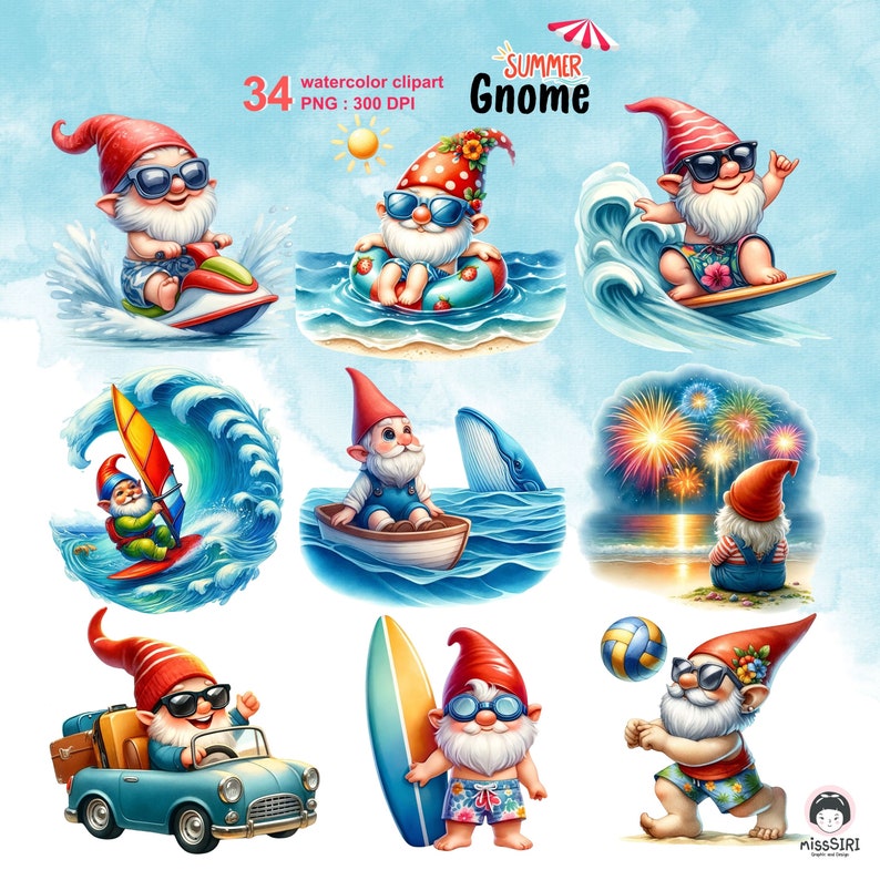 Summer Fun Gnome - Whimsical Watercolor Clipart - Etsy