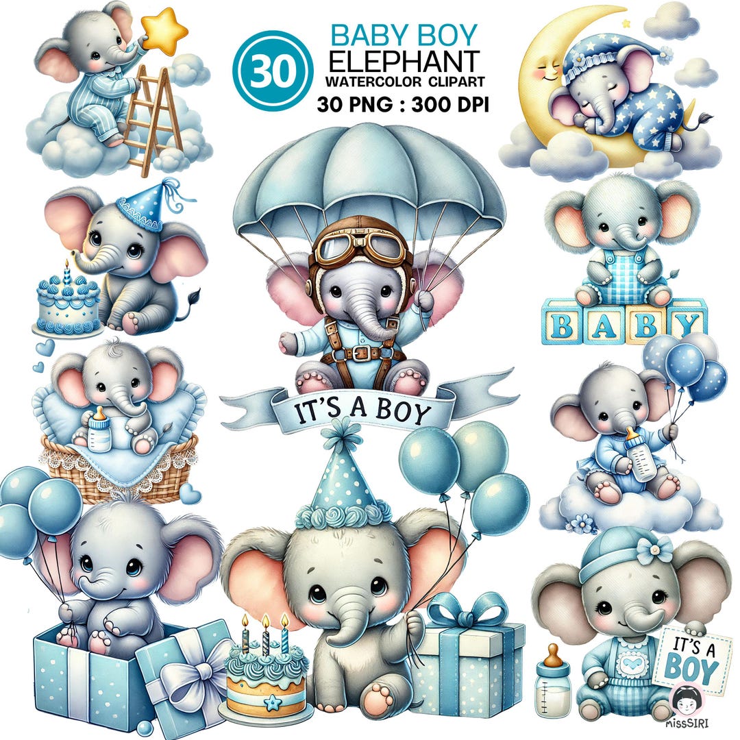 Baby Boy Elephant Clipart Set | 30 Blue Watercolor Pngs With Balloons ...