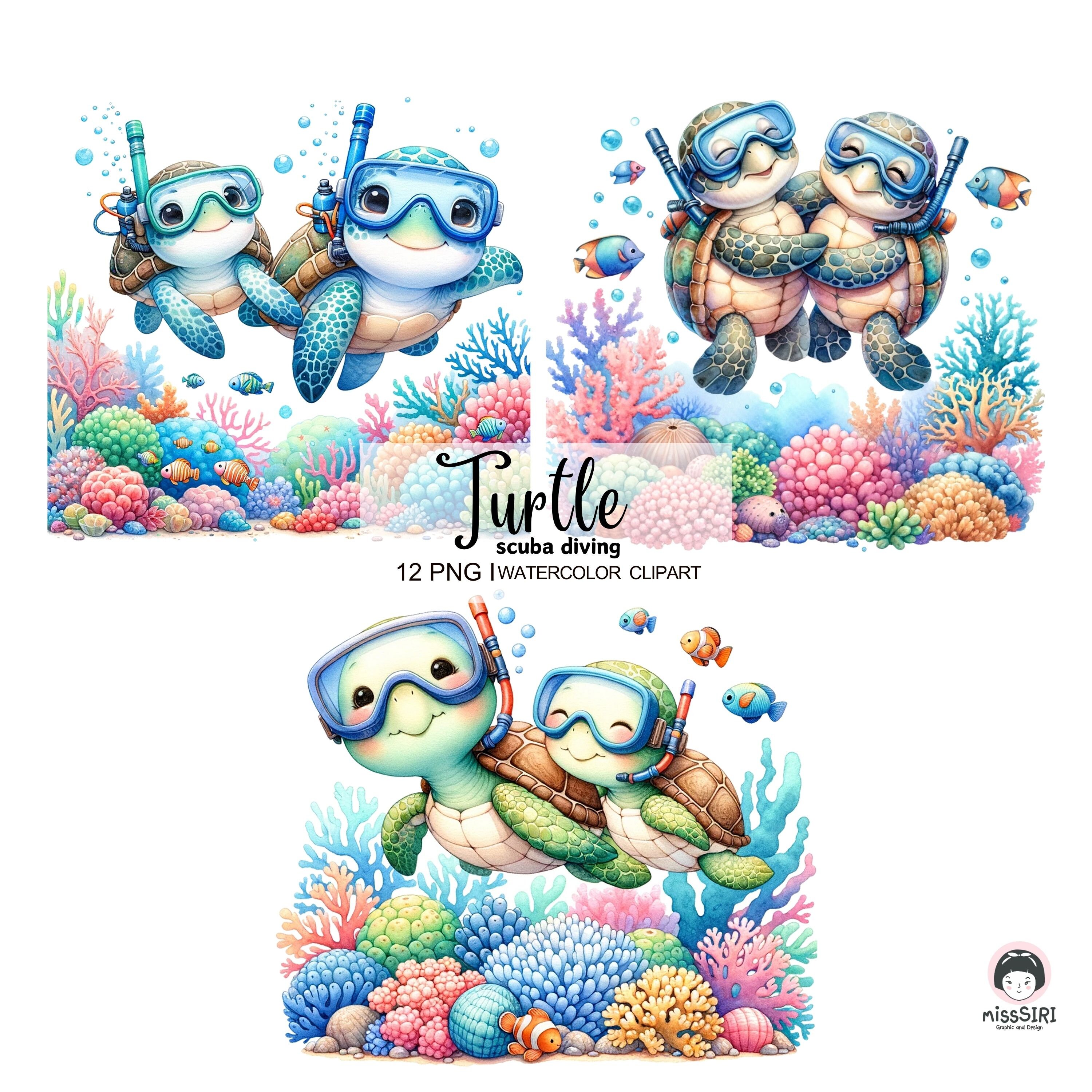 Adorable Scuba Diving Turtle Watercolor Clipart - Etsy