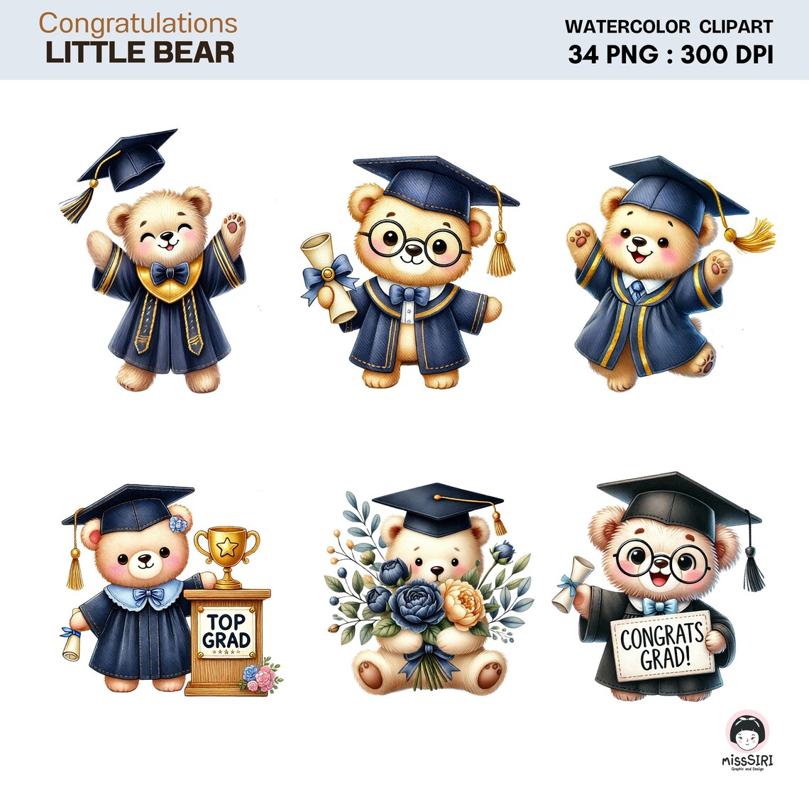 Little Bear Graduation Clipart Set | 34 Watercolor Pngs of Cute Bears ...