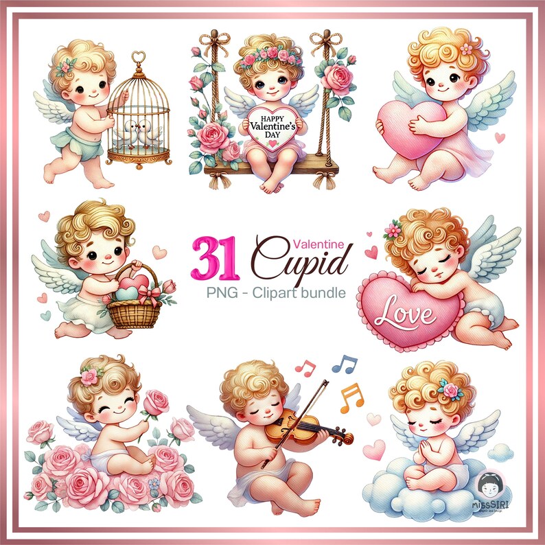 Valentine Cupid Clipart Bundle - 31 PNG Elements, Cute Cupid Watercolor ...