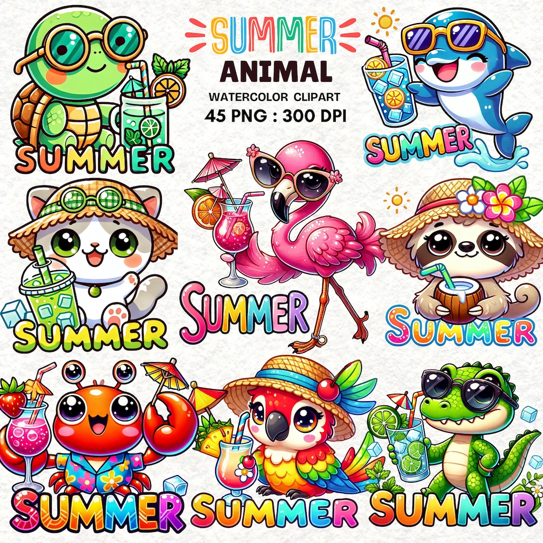 Summer Animal Clipart Bundle – 45 PNG Watercolor Cute Beach Animals ...