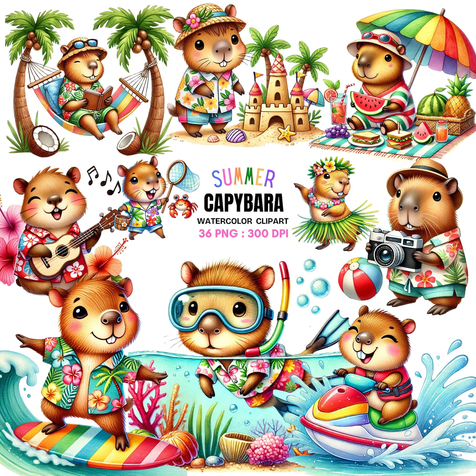 Summer Capybara Watercolor Clipart Bundle – 36 Cute Beach Vacation Pngs ...