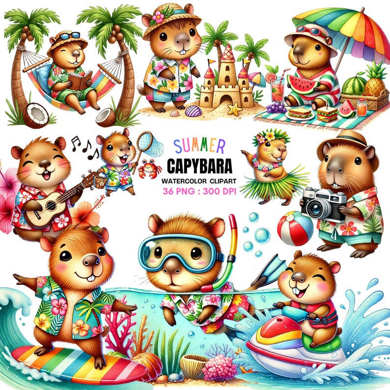 Summer Capybara Watercolor Clipart Bundle – 36 Cute Beach Vacation Pngs ...