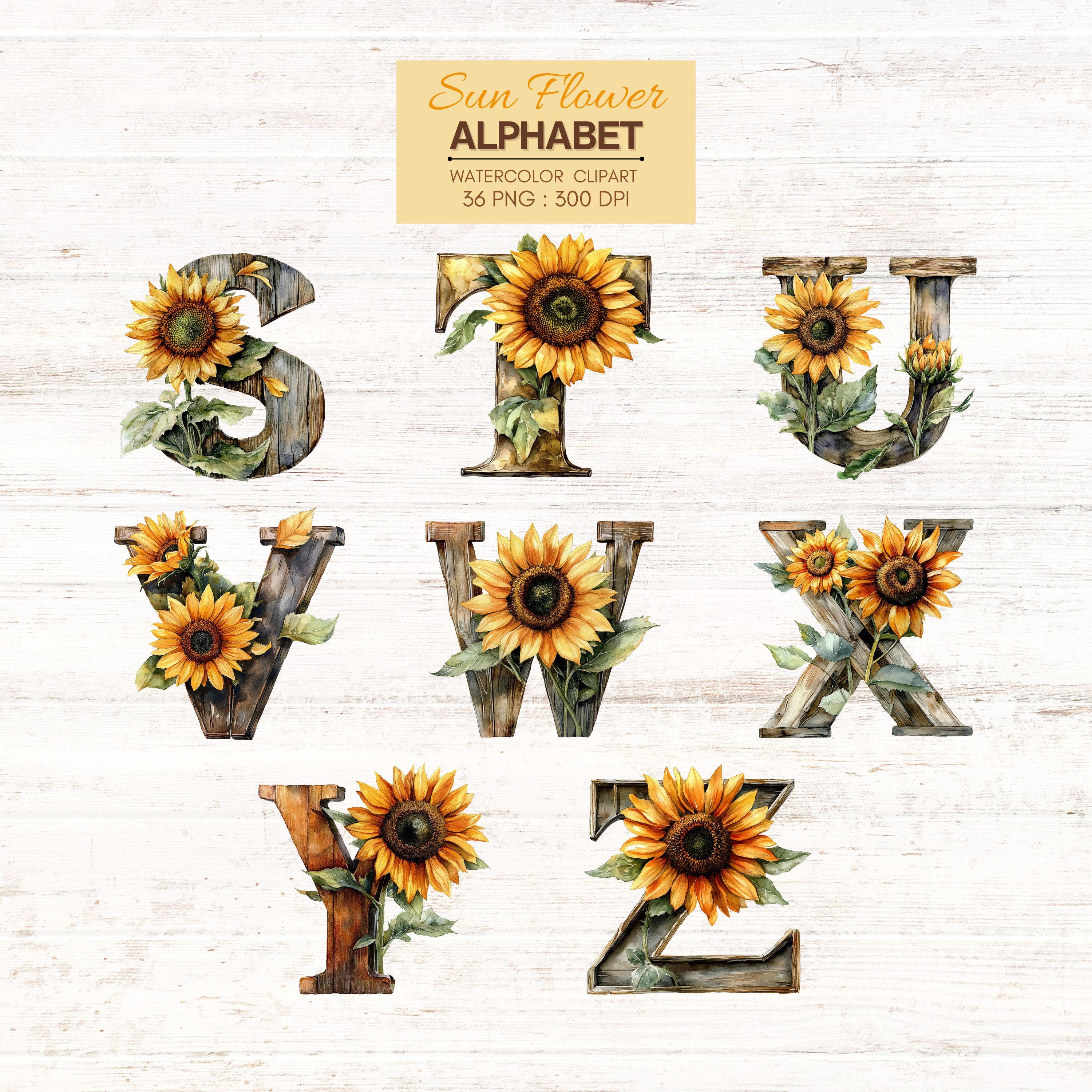 Sunflower Alphabet Watercolor Clipart Set – Rustic Floral Letters ...