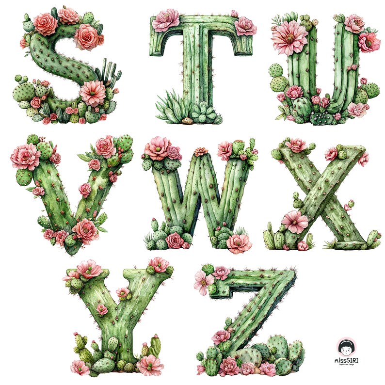 Cactus Alphabet Watercolor Clipart – 39 PNG Floral Cactus Letters ...