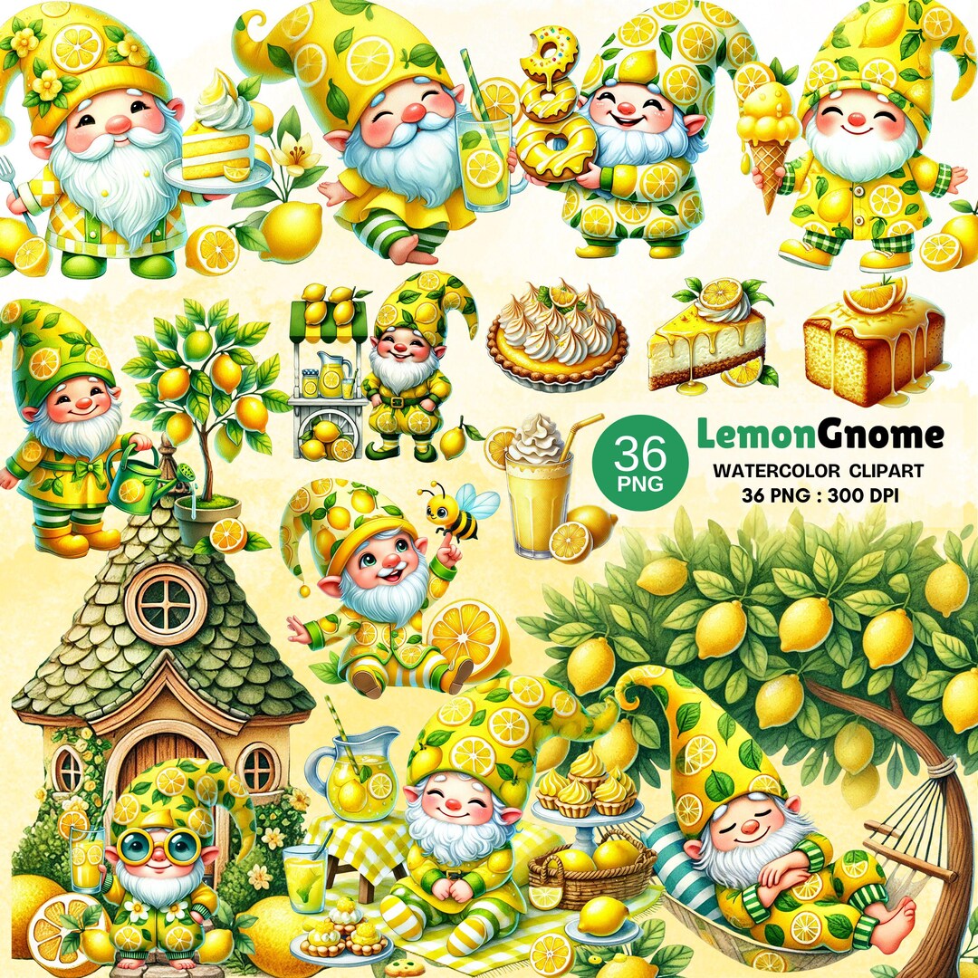 Lemon Gnome Watercolor Clipart – 36 PNG Adorable Gnomes With Lemons ...